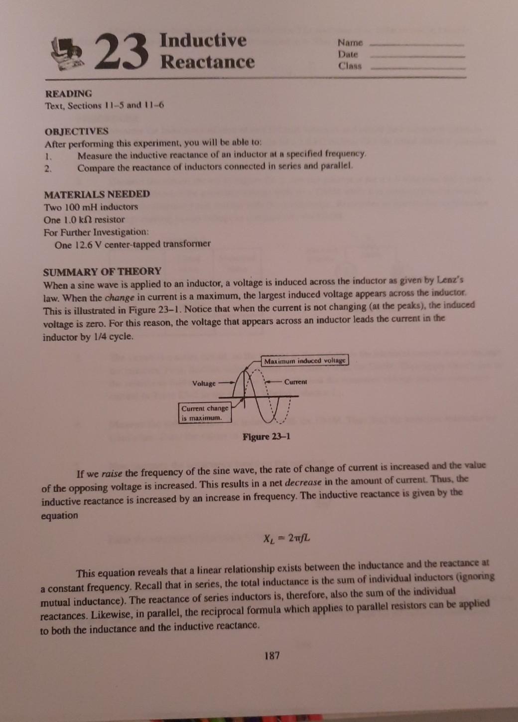 23 Inductive Reactance Name Date Class READING Text, | Chegg.com