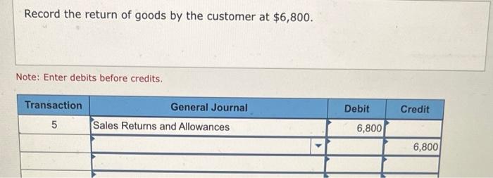 Solved Record the return of goods by the customer at $6,800. | Chegg.com
