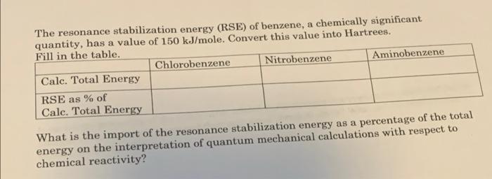 Solved The resonance stabilization energy (RSE) of benzene, | Chegg.com