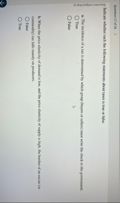 Solved Question 17 ﻿of 26Indicate whether each the following | Chegg.com