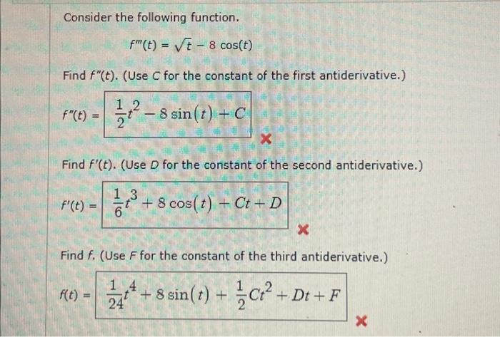 Solved Consider the following function. f′′′(t)=t−8cos(t) | Chegg.com