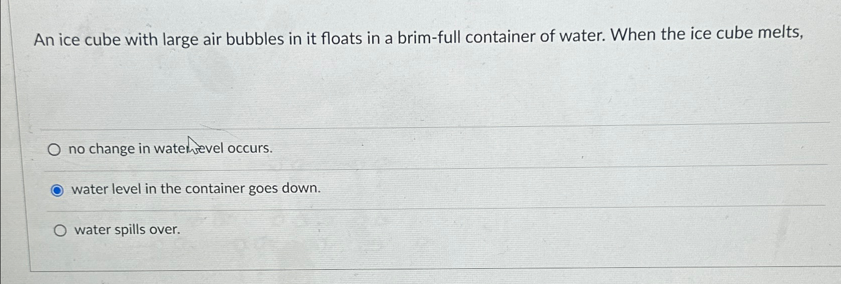 Solved An ice cube with large air bubbles in it floats in a | Chegg.com