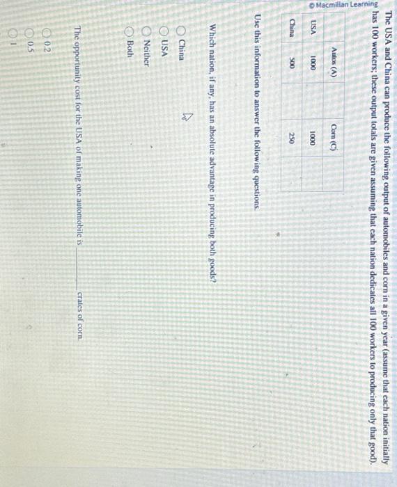 Solved The USA and China can produce the following output of | Chegg.com