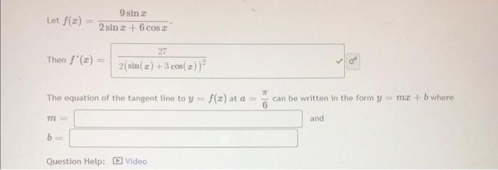 Solved Let f(x)=2sinx+6cosx9sinx Then | Chegg.com