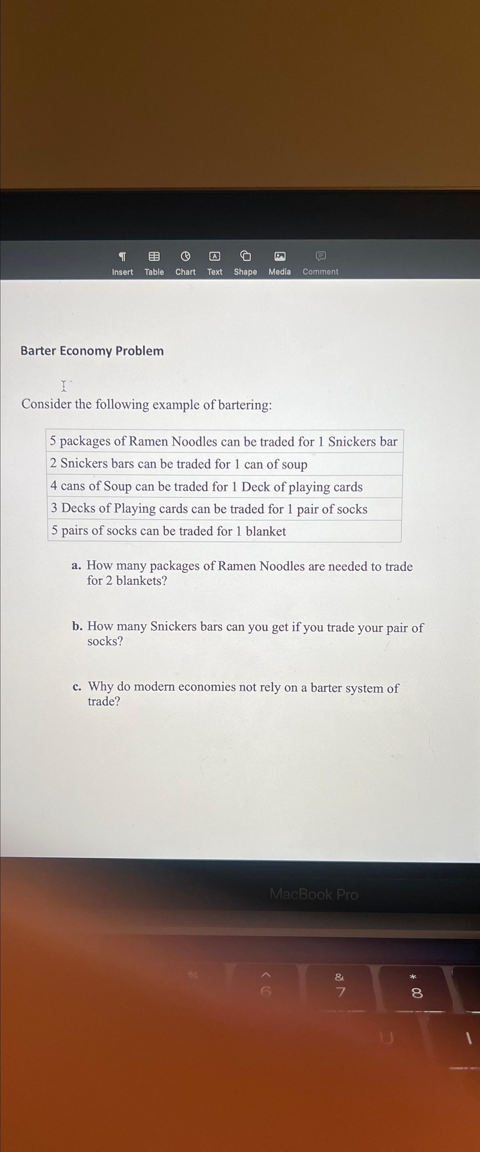 Solved Barter Economy ProblemYConsider the following example | Chegg.com