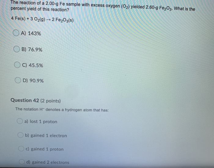 Solved The reaction of a 2.00-9 Fe sample with excess oxygen | Chegg.com
