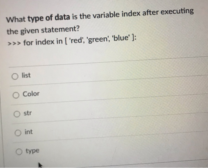Solved What type of data is the variable index after | Chegg.com