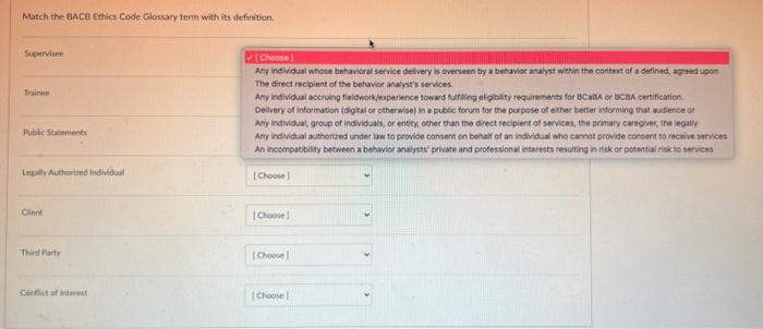 Solved Match the BACe Ethics Code Glossary temn with its | Chegg.com