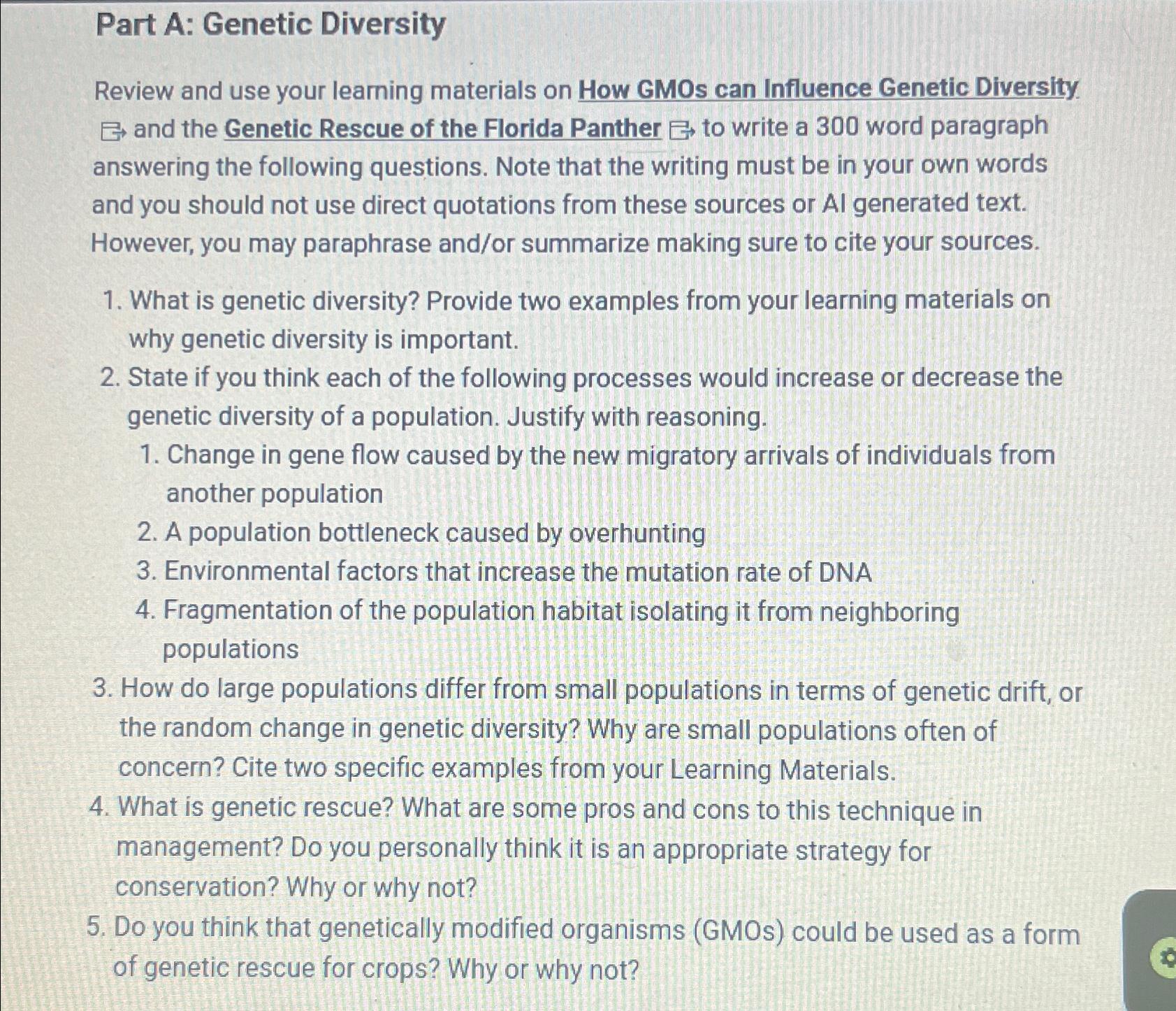 Solved Part A: Genetic DiversityReview and use your learning | Chegg.com
