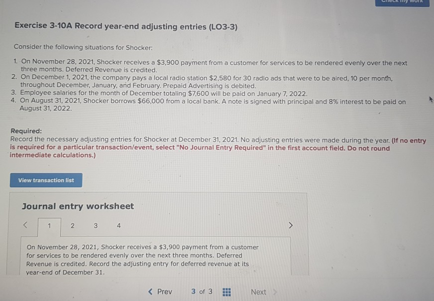 Solved Exercise 3-10A Record year-end adjusting entries | Chegg.com