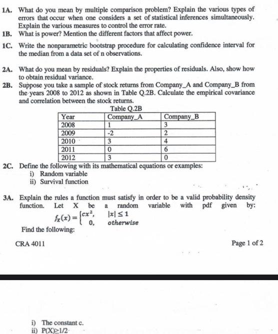 Solved 1A. What do you mean by multiple comparison problem? | Chegg.com