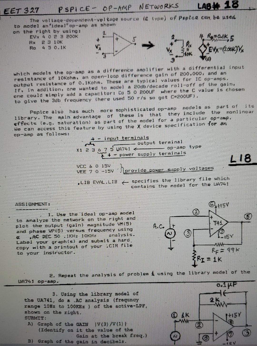 Solved EET 327 PSPICE OP-AMP NETWORKS LAB 18 The | Chegg.com