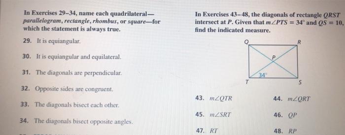 Solved In Exercises 43-48, the diagonals of rectangle QRST | Chegg.com
