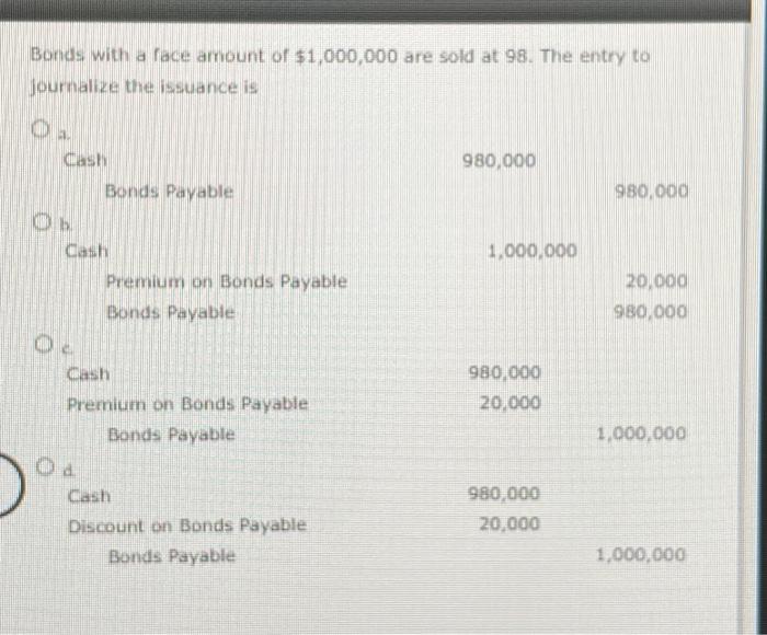 Solved Bonds with a face amount of $1,000,000 are sold at 98 | Chegg.com
