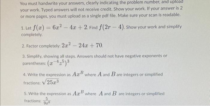 Solved You must handwrite your answers, clearly indicating | Chegg.com