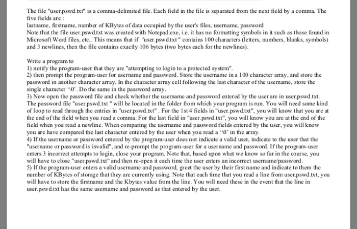 The file "user.pswd.txt" is a comma-delimited file. | Chegg.com
