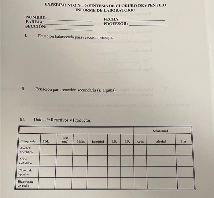 Solved EXPERIMENT NO. 9: SYNTHESIS OF 1-PENTYL CHLORIDE | Chegg.com
