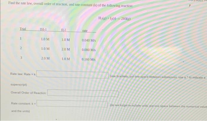 Solved Find the rate law, overall order of reaction, and | Chegg.com