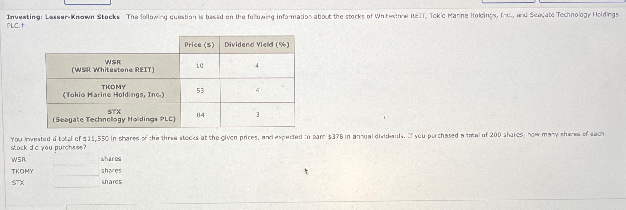 Solved PLC. +\table[[,Price ($),Dividend Yield | Chegg.com