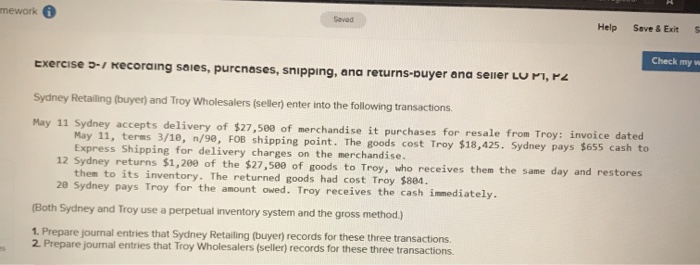Solved mework Help Save & Exit Check my Exercise 5-/ | Chegg.com | Chegg.com
