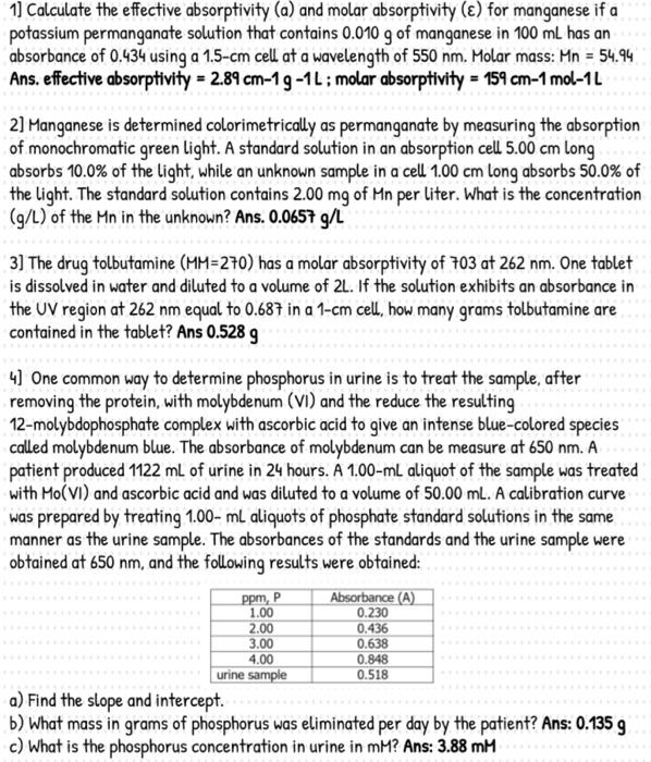 Solved 1) Calculate the effective absorptivity (a) and molar | Chegg.com