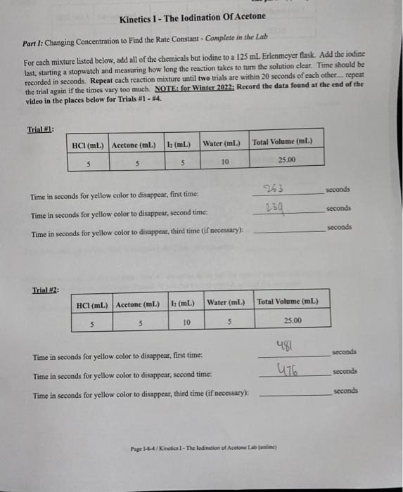 Solved Kinetics I - The lodination Of Acetone Part I: | Chegg.com