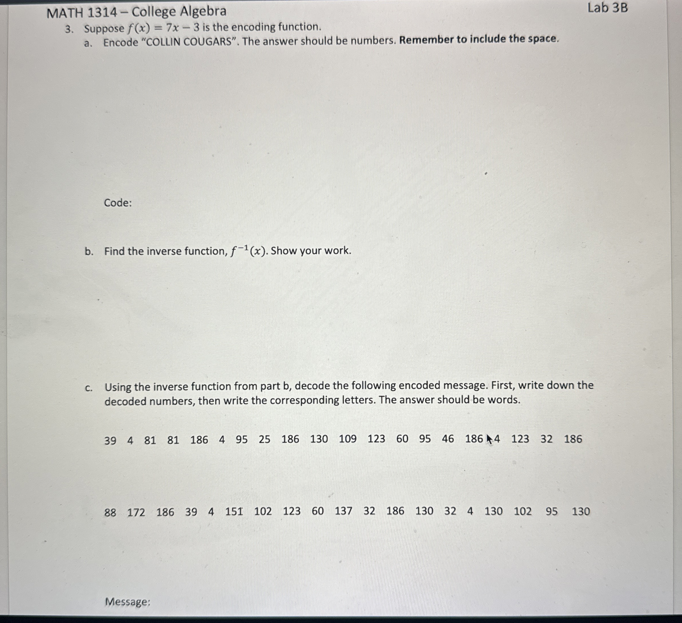 Solved MATH 1314 - ﻿College AlgebraLab 3B3. ﻿Suppose | Chegg.com