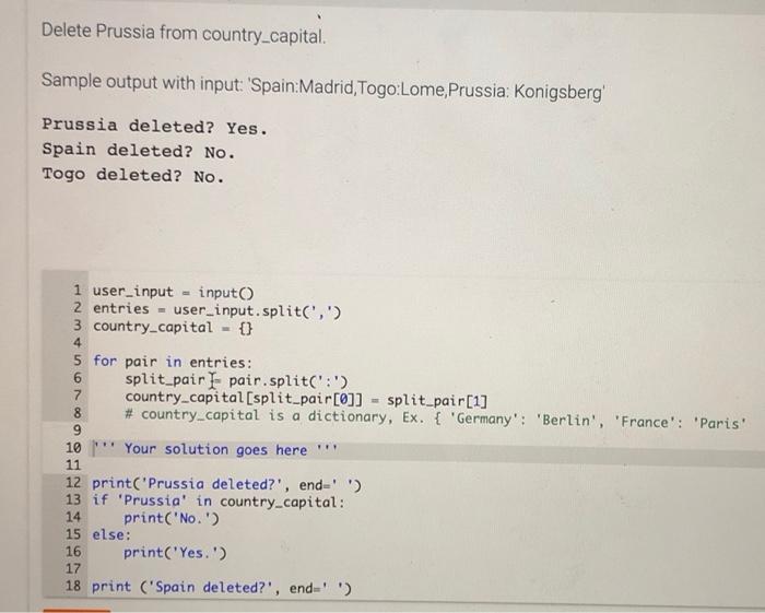 Solved Delete Prussia from country_capital. Sample output | Chegg.com Solved Delete Prussia from country_capital. Sample output | Chegg.com