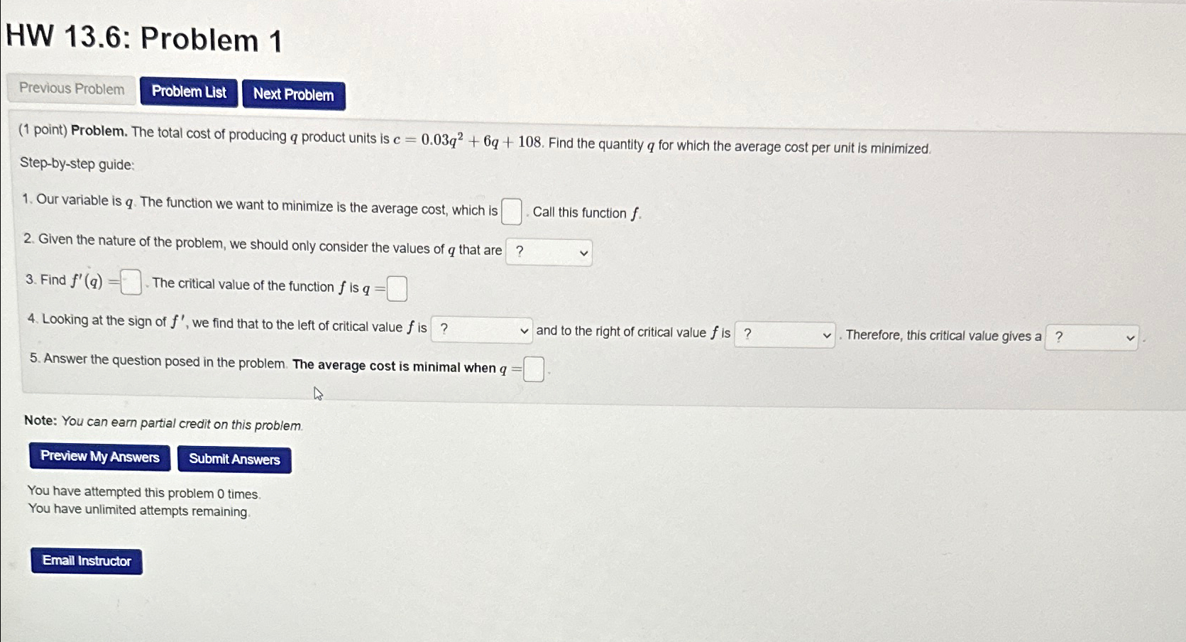 Solved HW 13.6: Problem 1(1 ﻿point) ﻿Problem. The total cost | Chegg.com