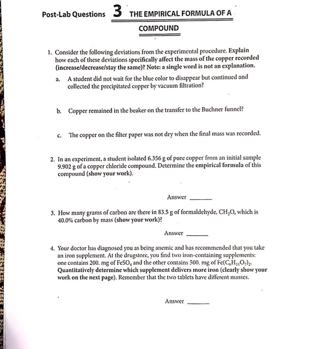 Solved Post-Lab Questions 3 THE EMPIRICAL FORMULA OF A | Chegg.com