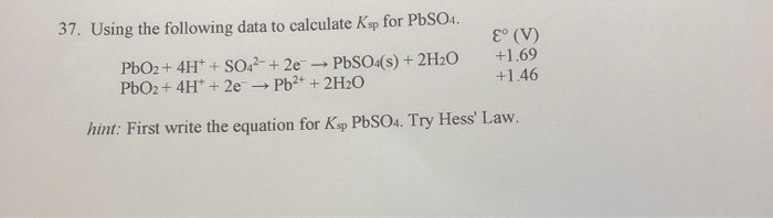 Solved 37 Using The Following Data To Calculate Ksp For 4999