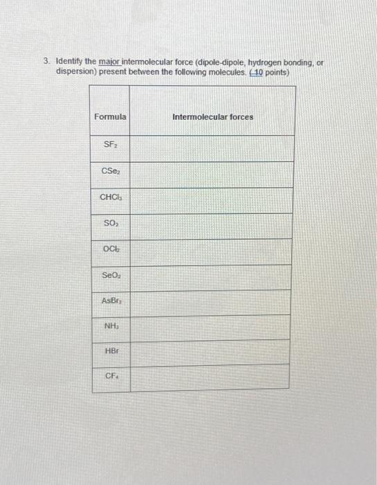 Solved 3. Identify the major intermolecular force | Chegg.com
