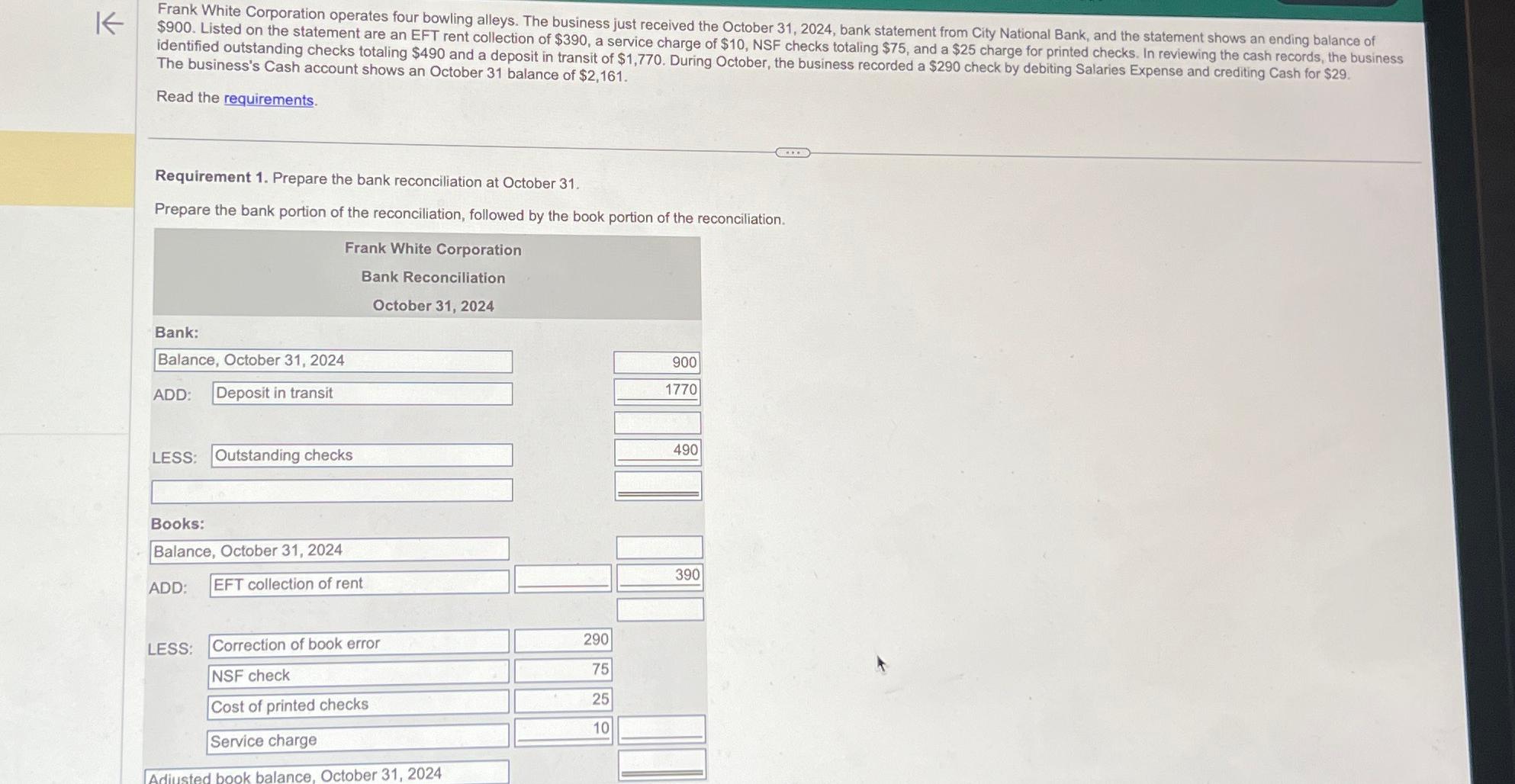 Solved Frank White Corporation operates four bowling alleys. | Chegg.com