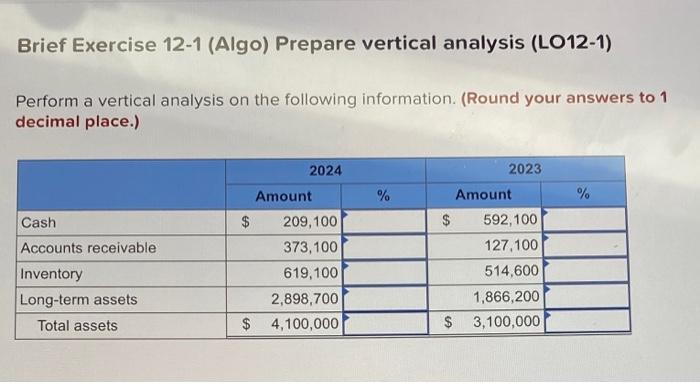 Solved Brief Exercise 12-1 (Algo) Prepare vertical analysis | Chegg.com