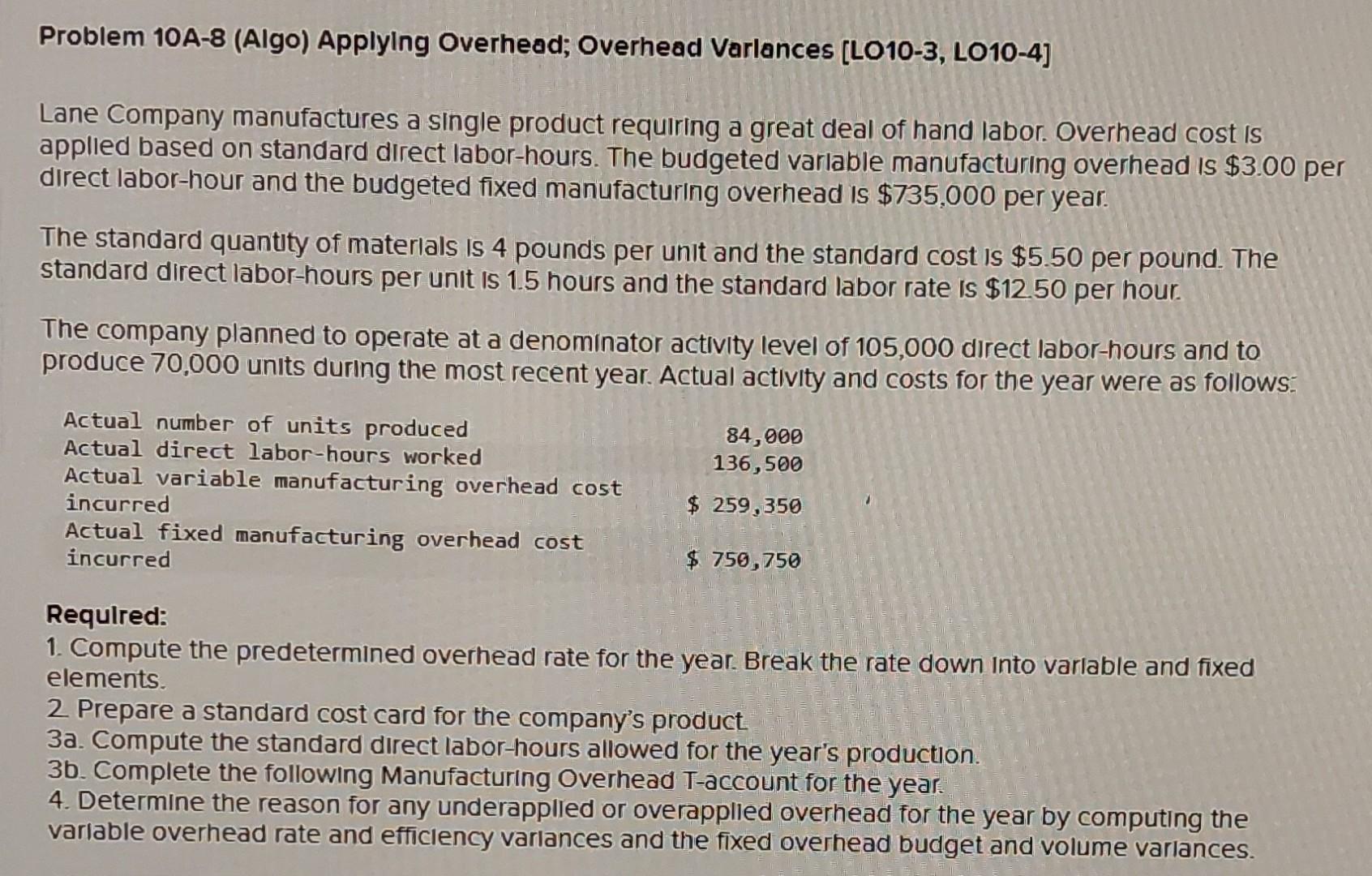 Solved Problem 10A-8 (Algo) Applying Overhead; Overhead | Chegg.com