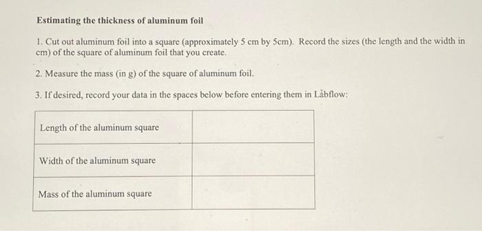 Estimating the thickness of aluminum foil 1. Cut out | Chegg.com