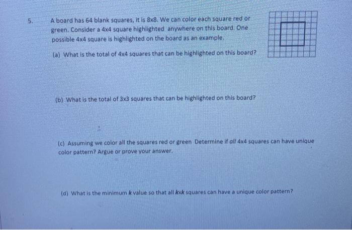 Solved 5. A board has 64 blank squares, it is 8x8. We can | Chegg.com