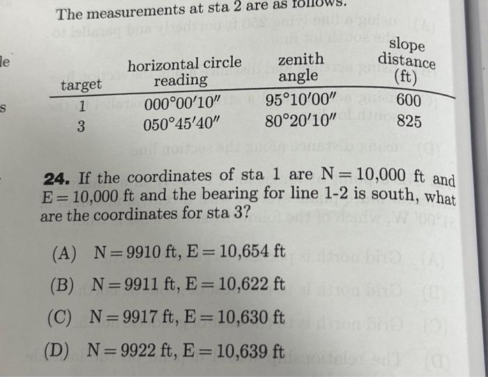 Solved The measurements at sta 2 are as follows. 24. If the | Chegg.com