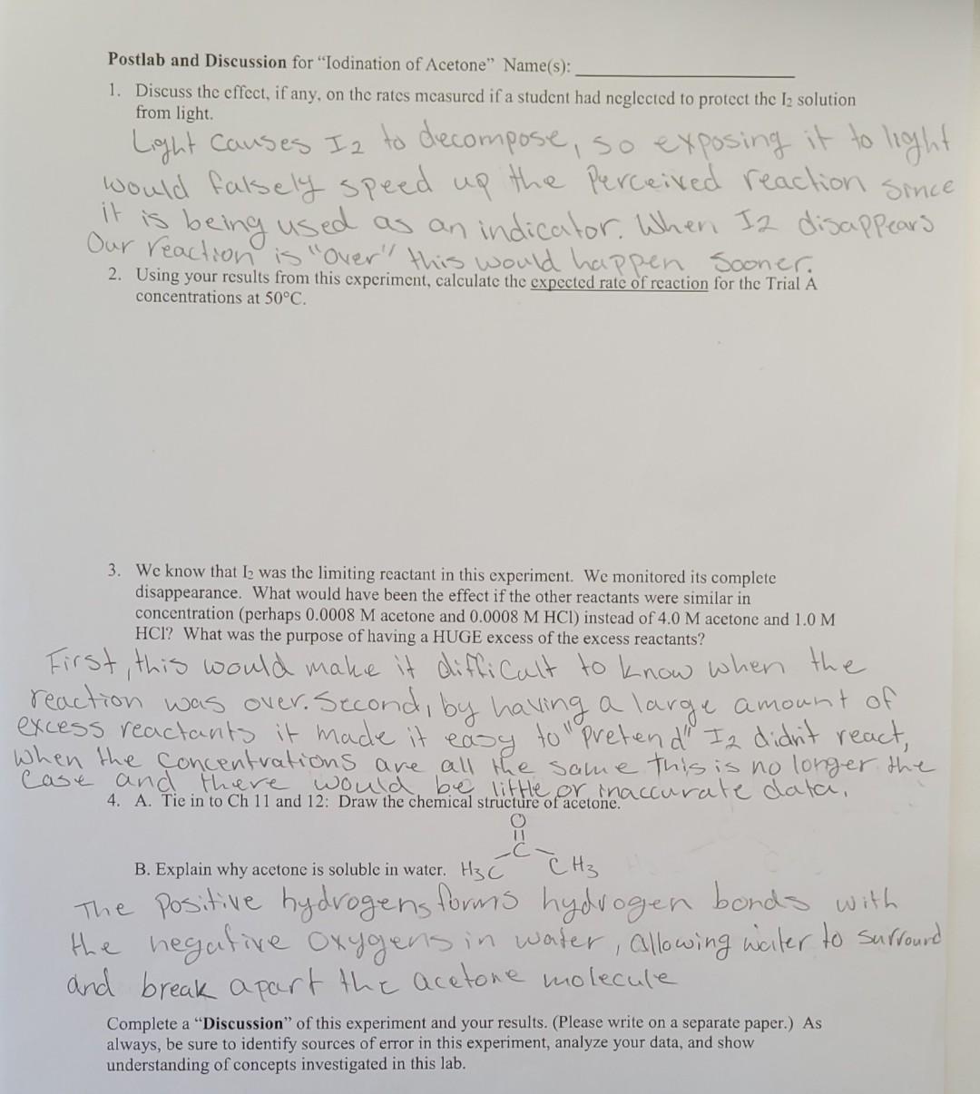 Solved The Iodination of Acetone, a Chemical Kinetics Lab | Chegg.com