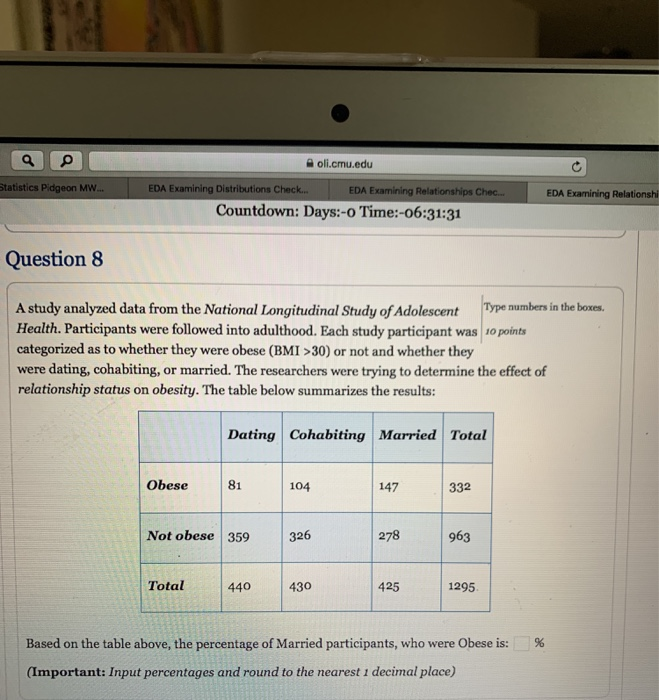 Solved oli.cmu.edu Statistics Pidgeon MW... EDA Examining | Chegg.com