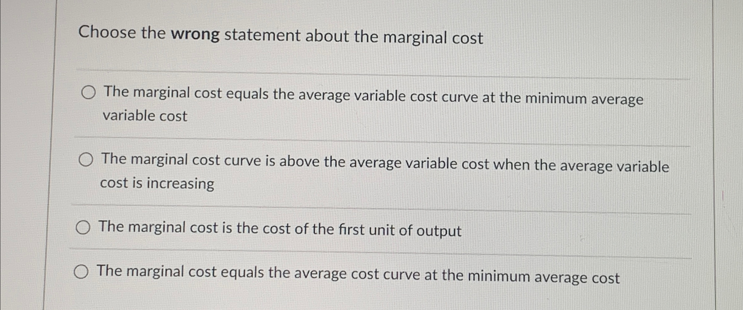 Solved Choose the wrong statement about the marginal costThe | Chegg.com