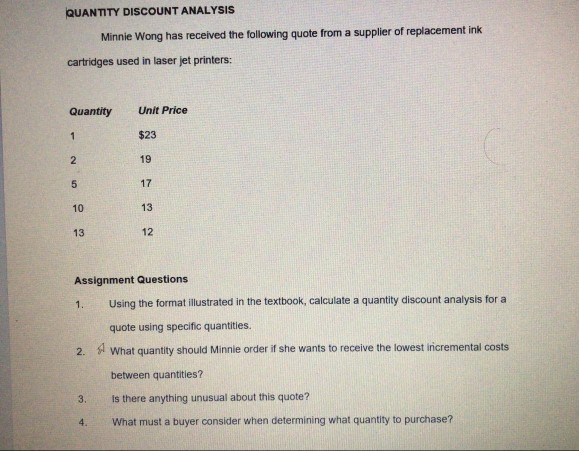 Solved QUANTITY DISCOUNT ANALYSIS Minnie Wong has received | Chegg.com