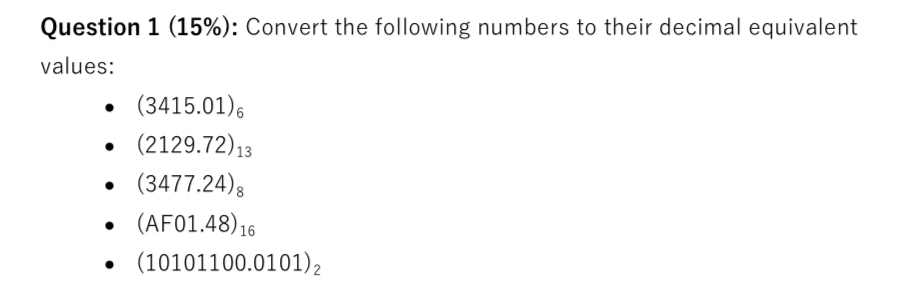 Solved Question 1 (15%): Convert the following numbers to | Chegg.com
