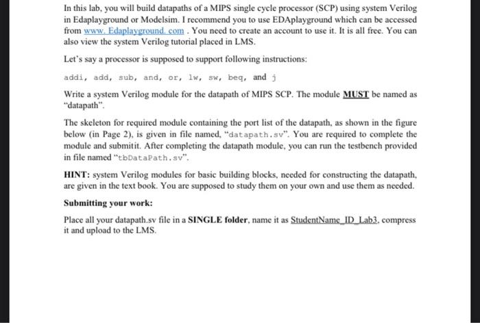 Solved In this lab, you will build datapaths of a MIPS | Chegg.com