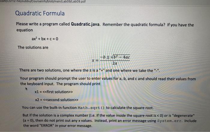 Solved Quadratic Formula Please write a program called | Chegg.com
