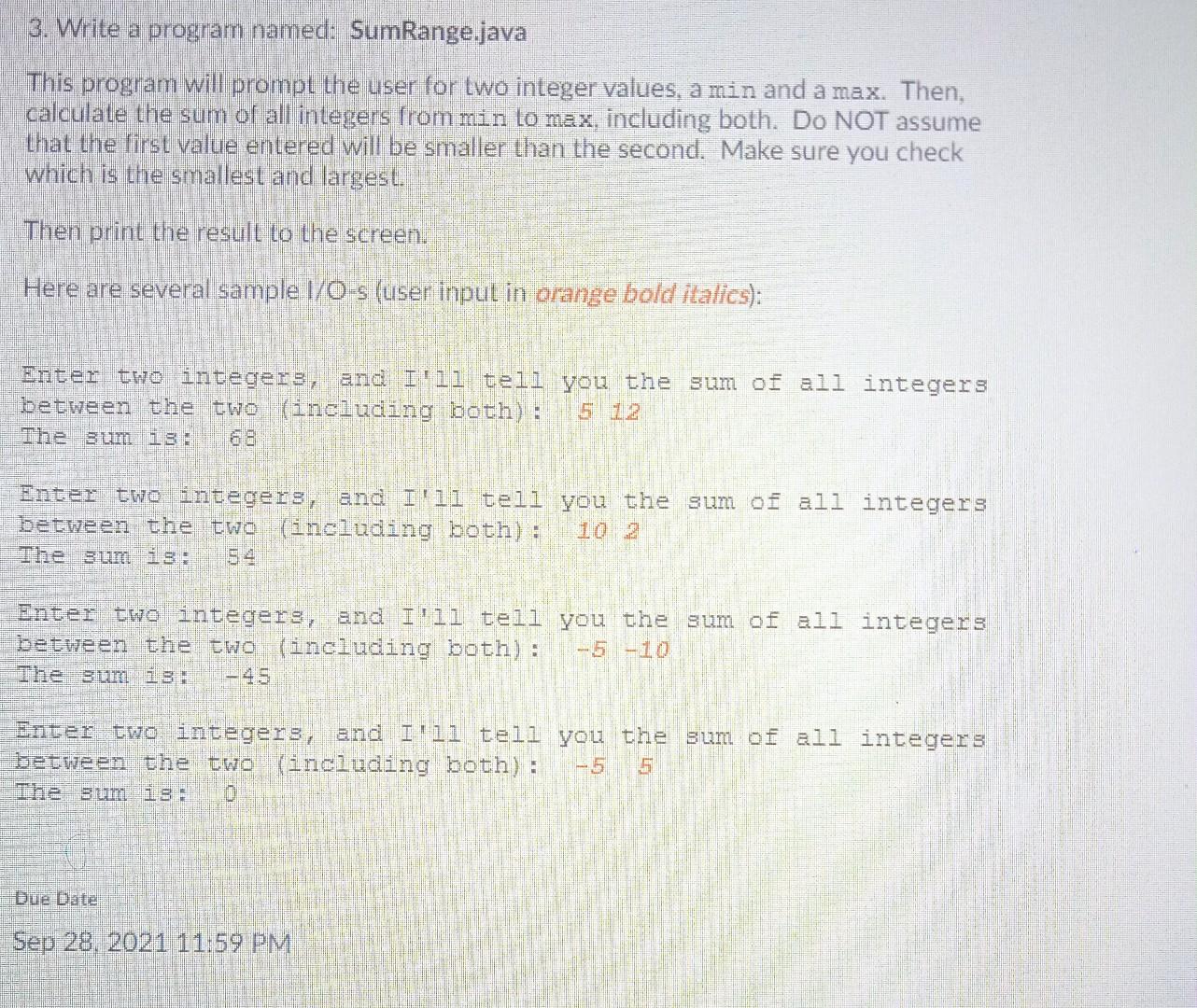 Solved 3. Write a program named: SumRange.java This program | Chegg.com