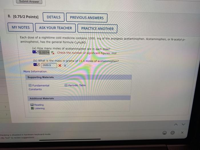 Solved Submit Answer 8. (0.75/2 points) DETAILS PREVIOUS | Chegg.com