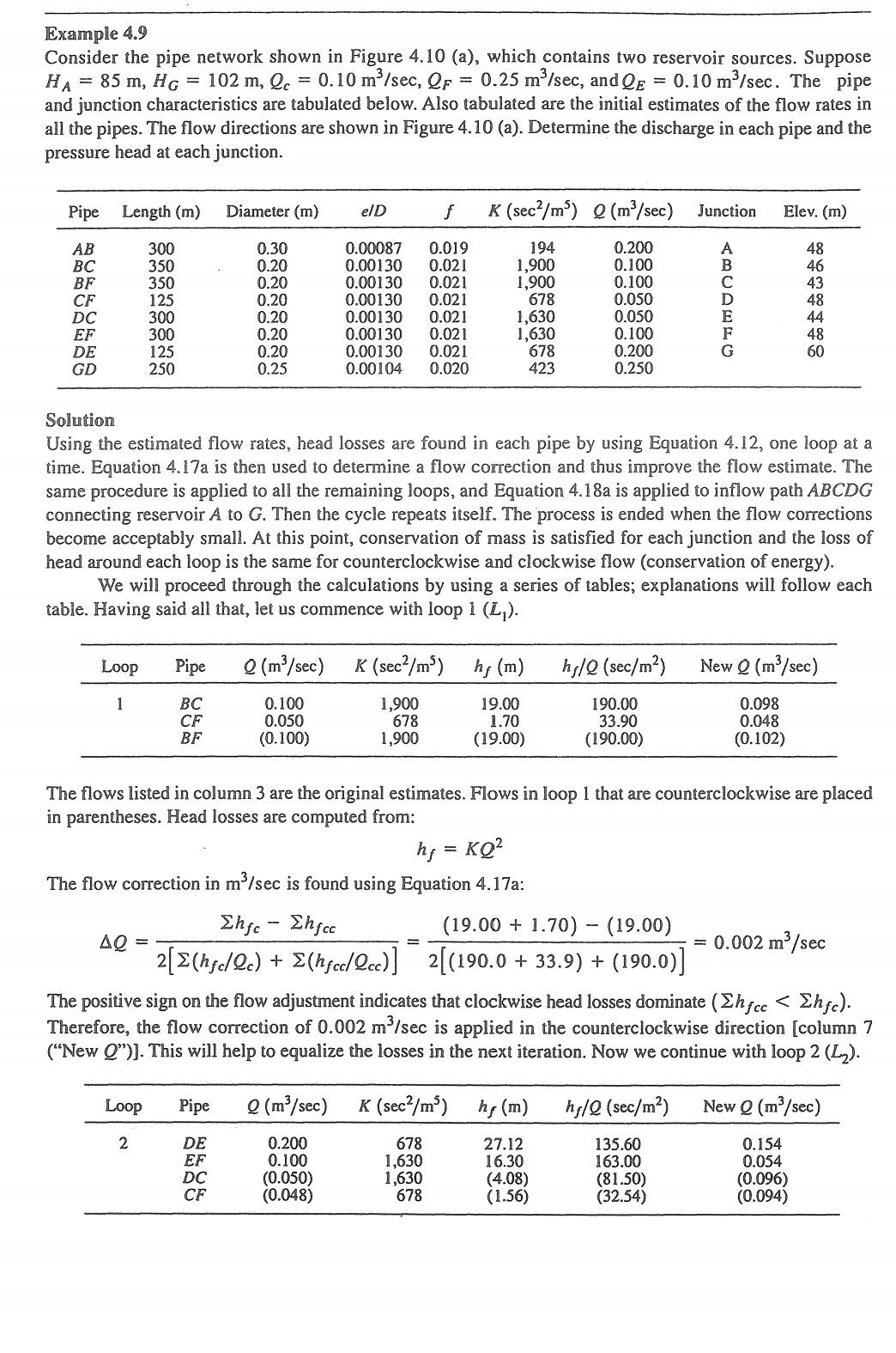 Solved solve example 4.9 using Hazen-William equation, use | Chegg.com