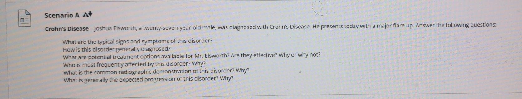 Solved Scenario A A Crohn's Disease - Joshua Elsworth, a | Chegg.com