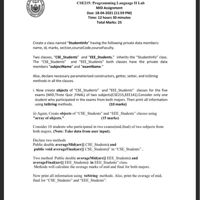 Solved CSE215: Programming Language Il Lab MID Assignment | Chegg.com